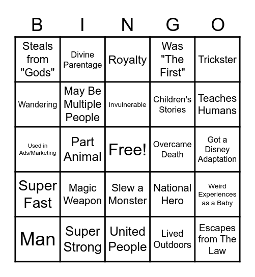Mythic Figures Bingo Card