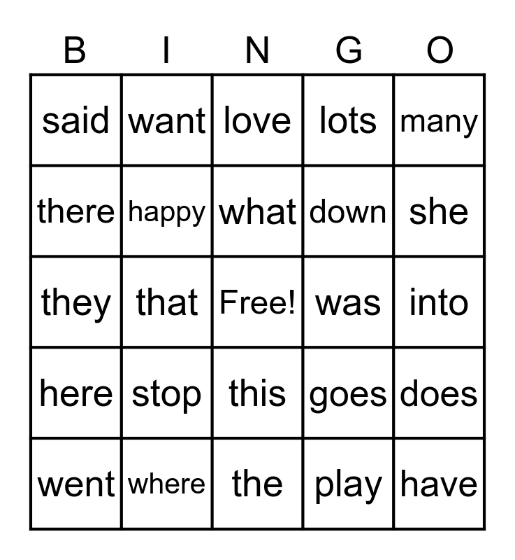 Power Word Bingo Card