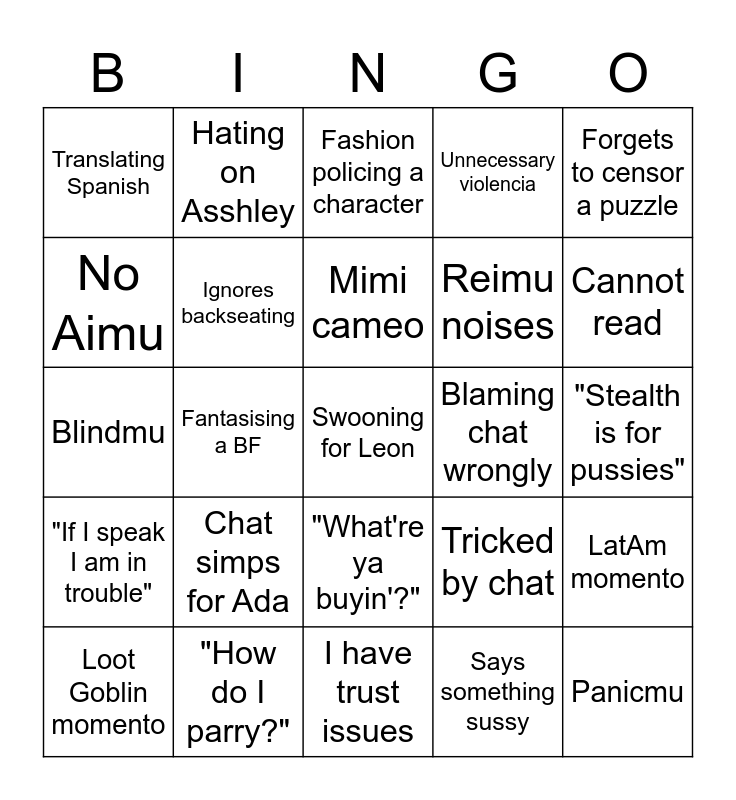 Reimu Plays RE4 Bingo Card
