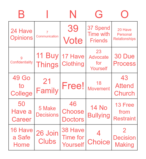 Rights Bingo Card