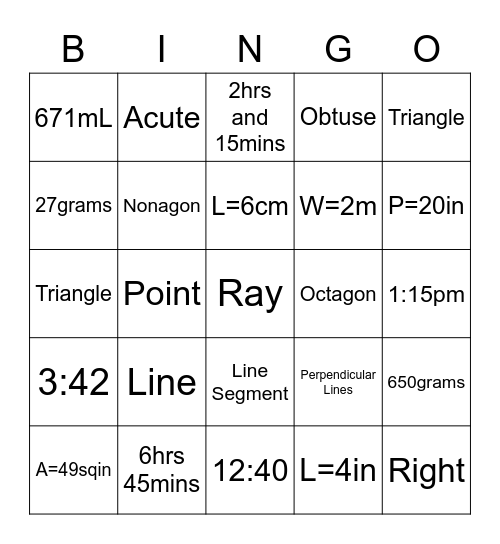Ms. Maddie's Math Bingo Card