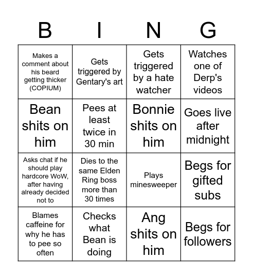Graycen's stream bingo card Bingo Card