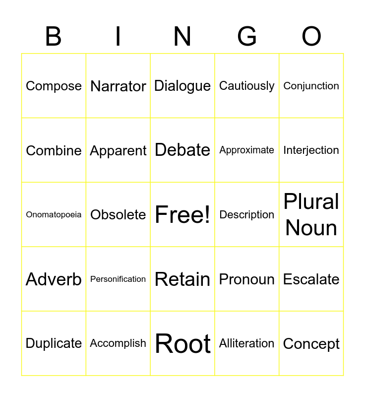 5th Grade Vocabulary Bingo Card