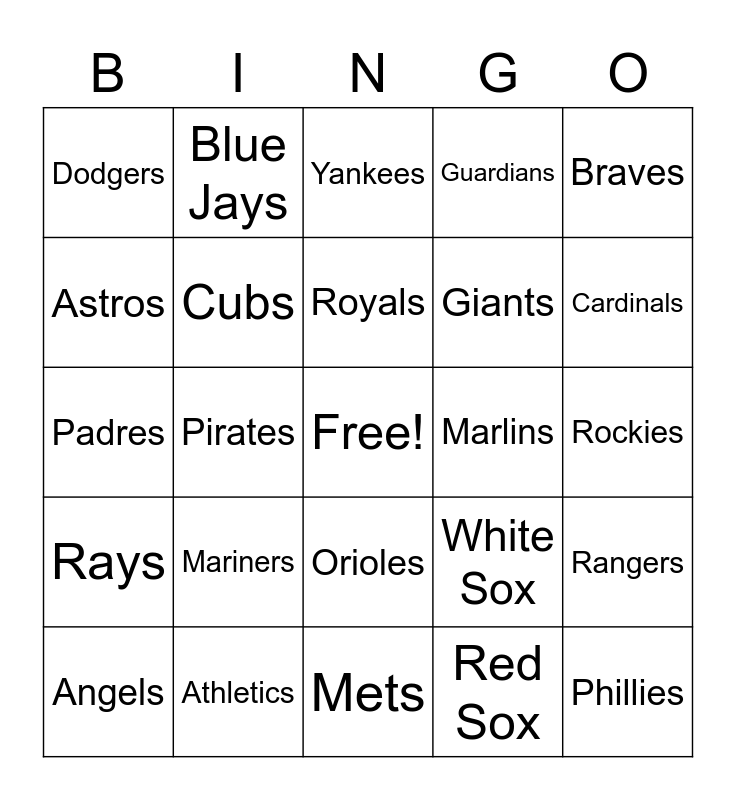 MLB TEAMS Bingo Card