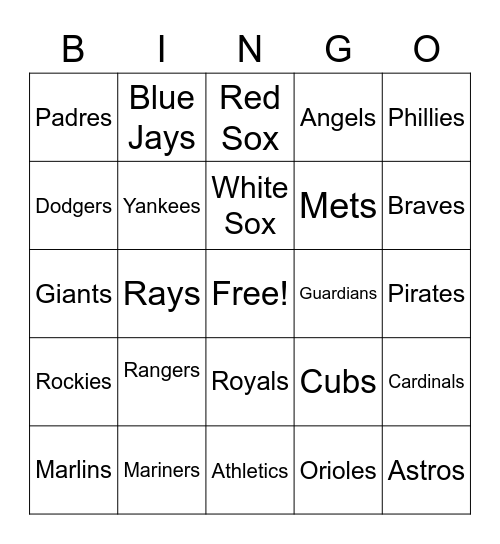 MLB TEAMS Bingo Card