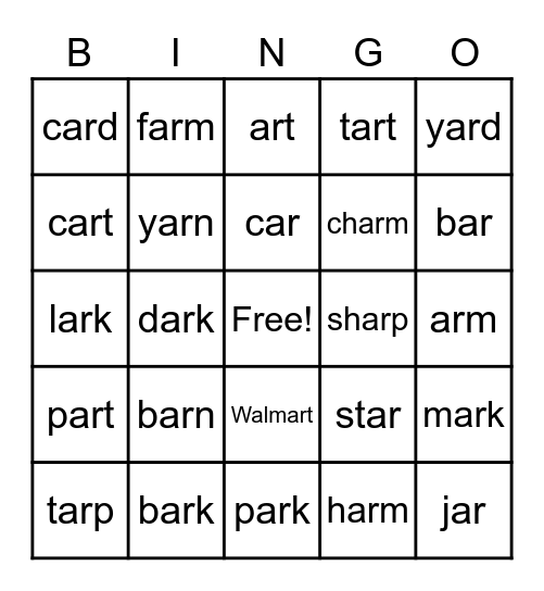 -ar words Bingo Card
