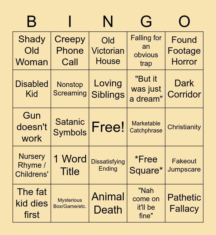 Horror Cliché Bingo Card