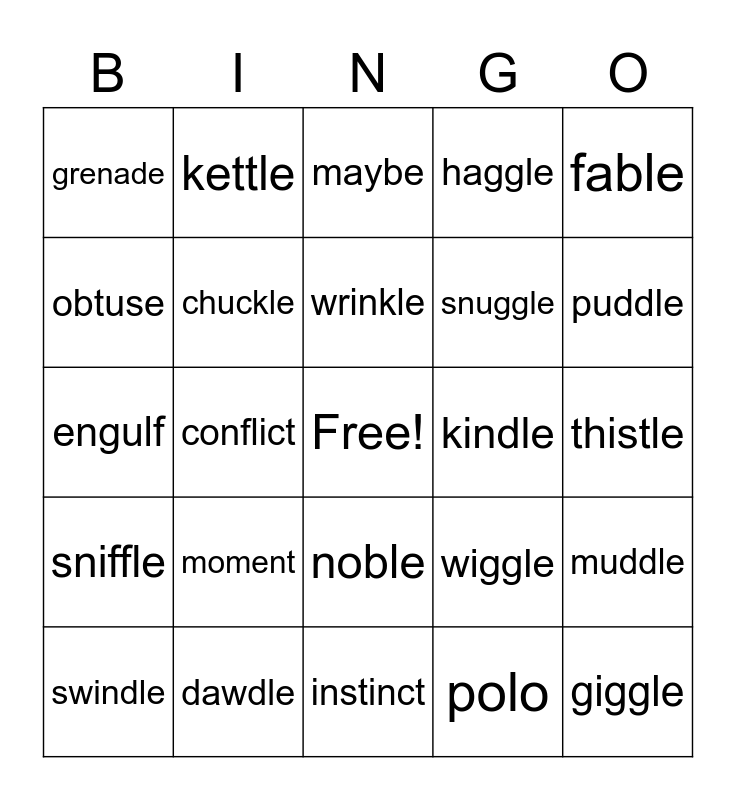 Multi-Syllable Consonant-le Words Bingo Card
