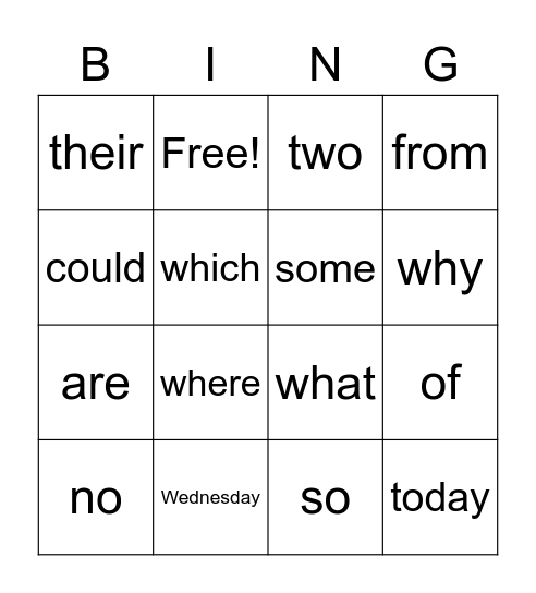 Tricky Word Bingo Card