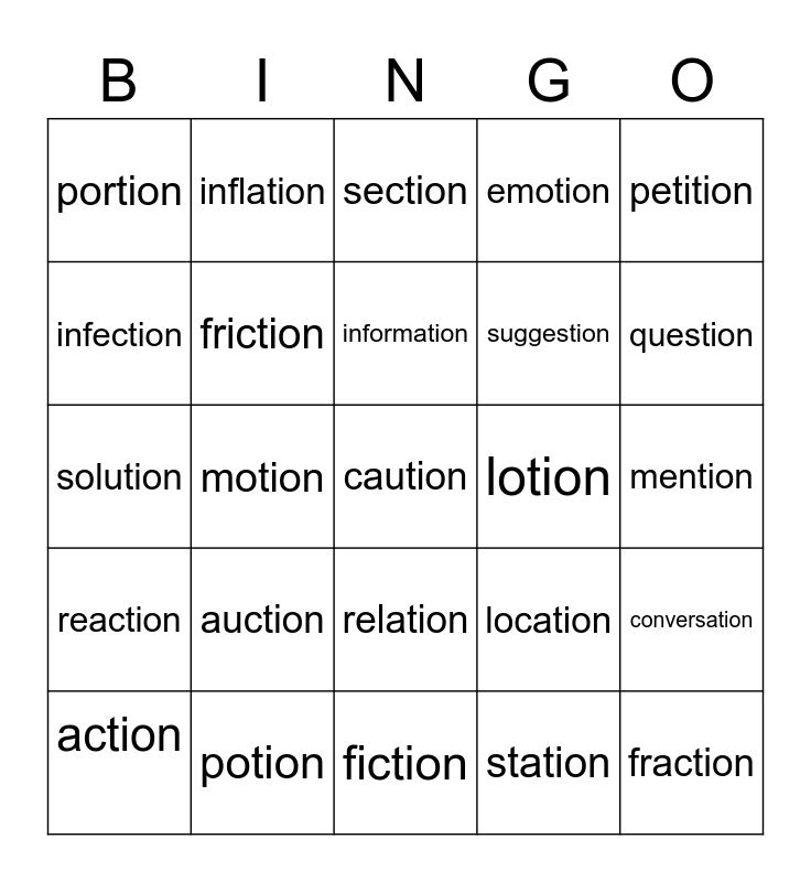 -tion words Bingo Card