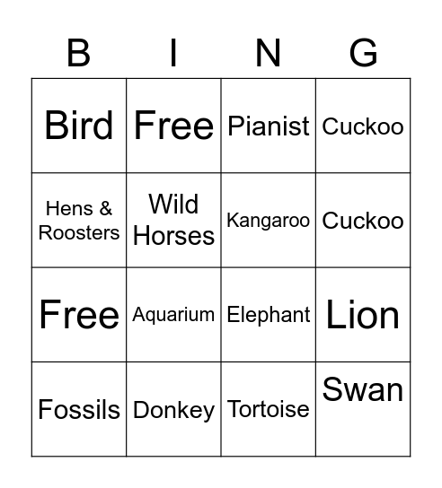 Carnival of the Animals Bingo Card
