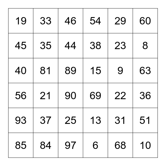 Number Bingo 1-99 Bingo Card