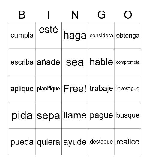 Subjunctive Bingo Board Bingo Card
