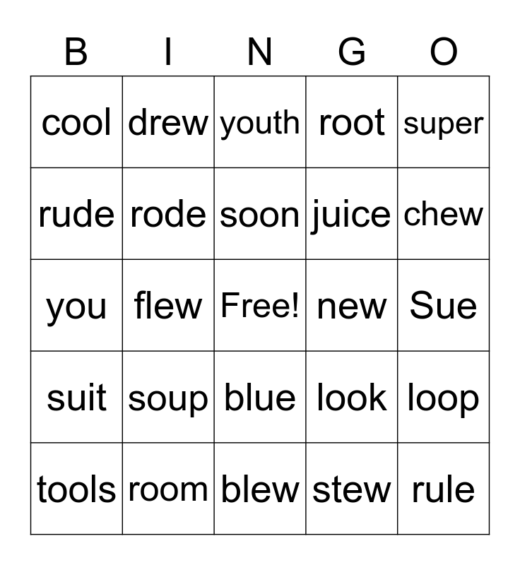 1st grade oo, u, u_e, ew, ue, ui, ou Bingo Card