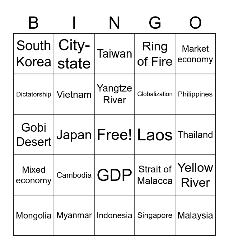 East and Southeast Asia Bingo Card