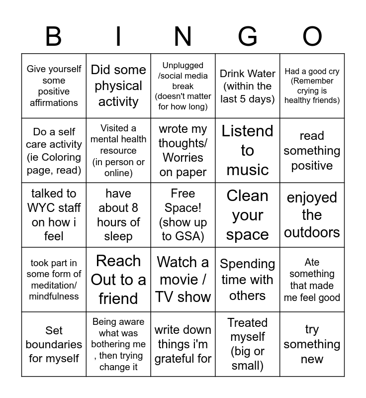 SELF CARE BINGO Card
