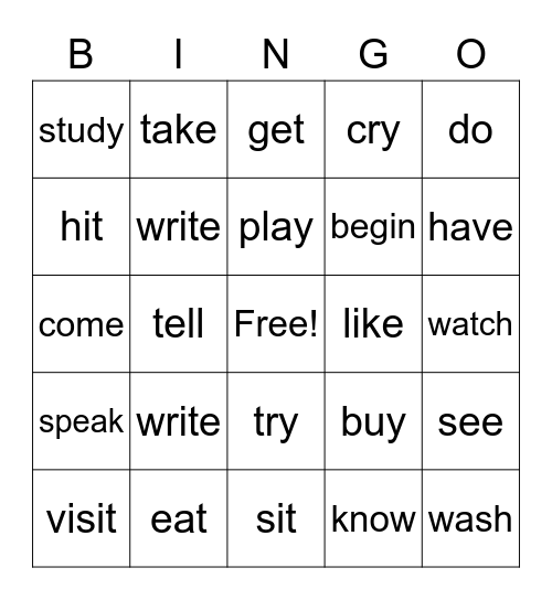 Verbs & Past Tense Bingo Card