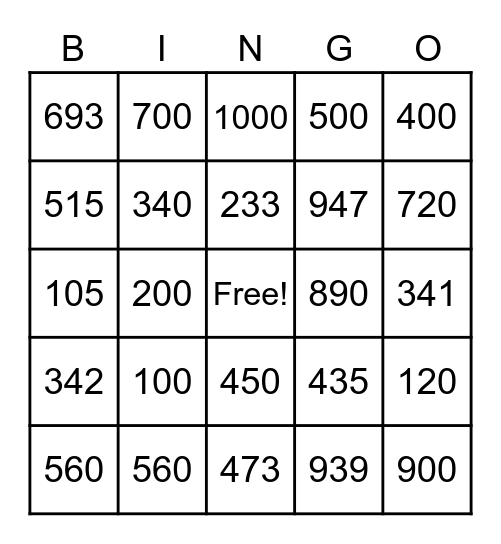 bingo numbers 100-1000 Bingo Card