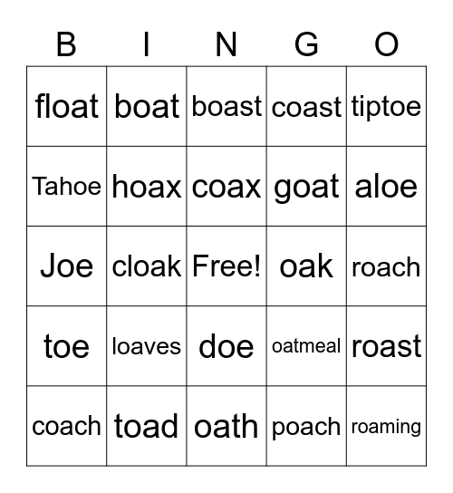 oa/oe words Bingo Card