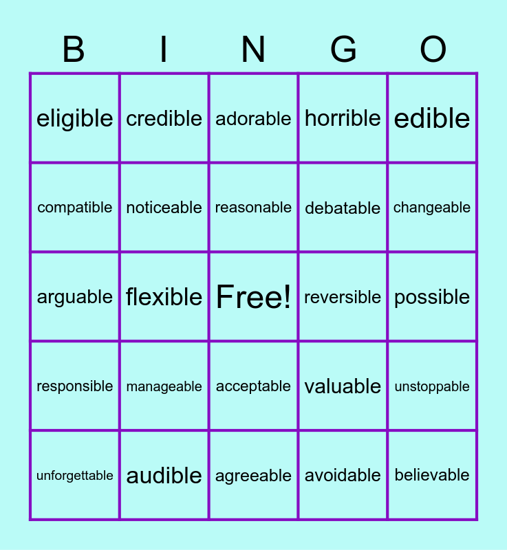 Ible and Able Bingo Card