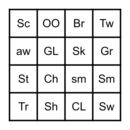 consonant/digraph blends Bingo Card