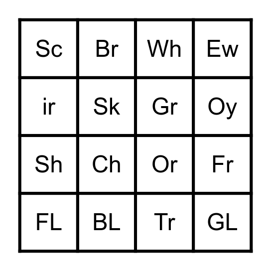 consonant/digraph blends Bingo Card