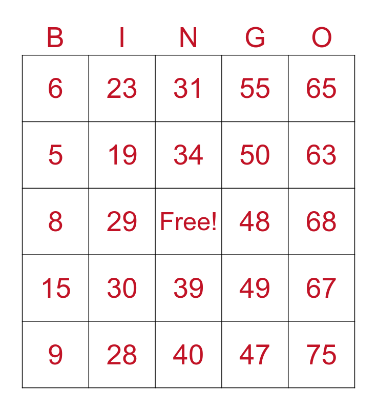 Number Bingo 1-75 Bingo Card