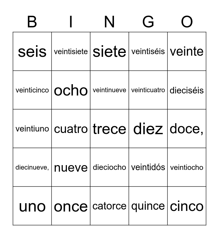 Spanish numbers 1-30 Bingo Card