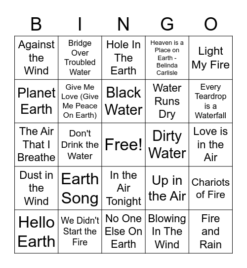 Air, Earth, Fire, & Water Bingo Card