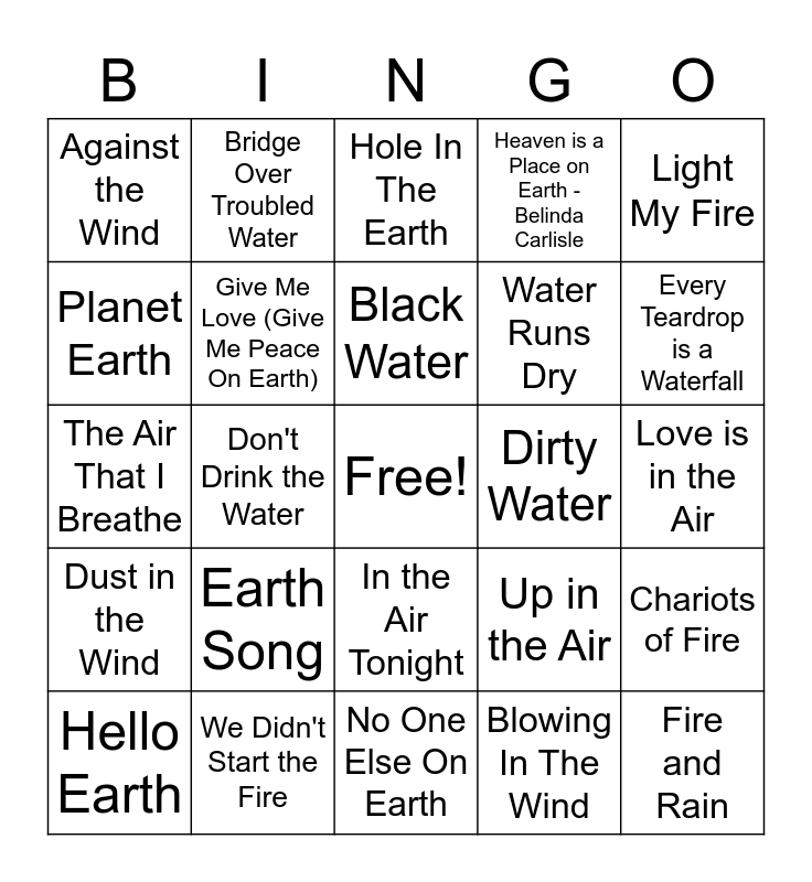 Air, Earth, Fire, & Water Bingo Card