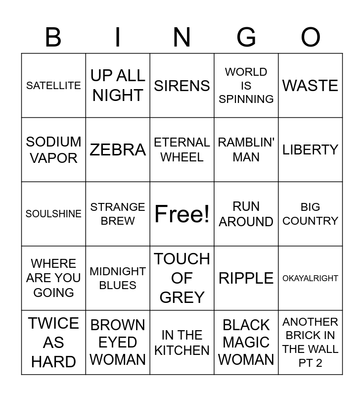 08/17- Round One: JAM BANDS Bingo Card