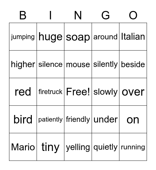 Adverb, Adjective, Noun, Verb, Preposition Bingo Card