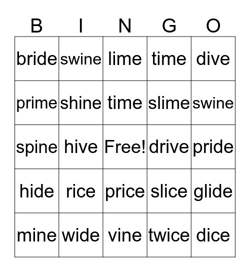 Long I Bingo Card