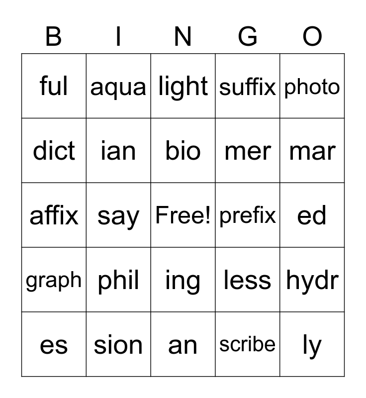 Latin & Greek Roots Bingo Card