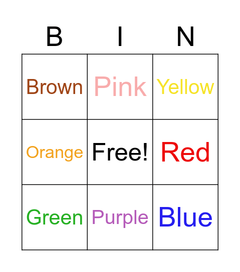 Colours Bingo Card