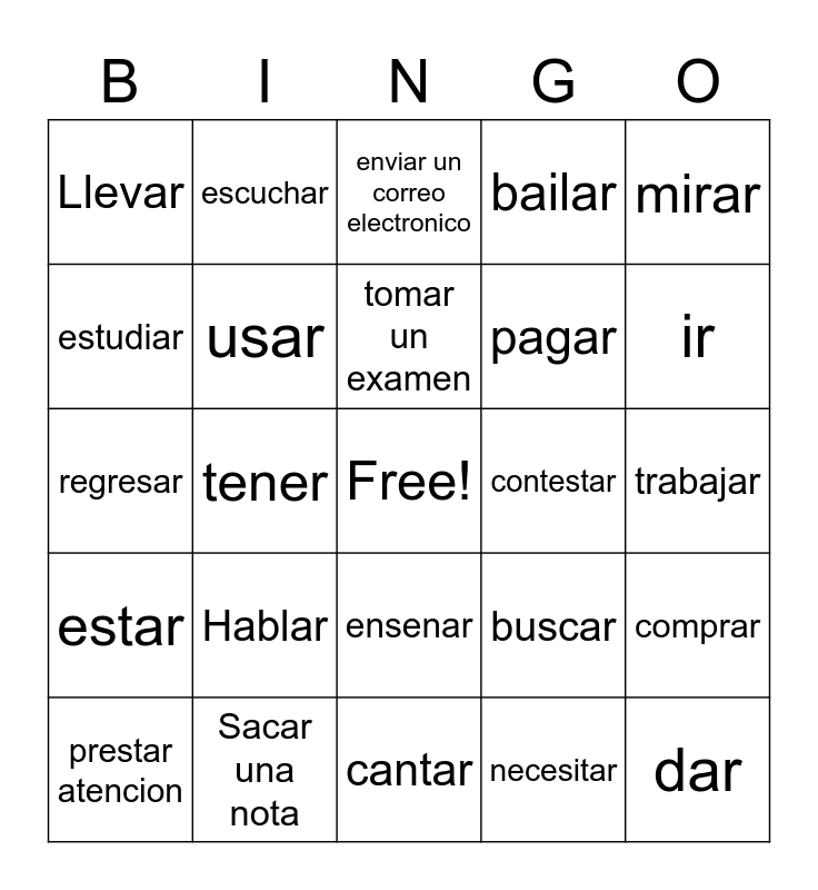 Ch 3 AR Verbs Bingo Card