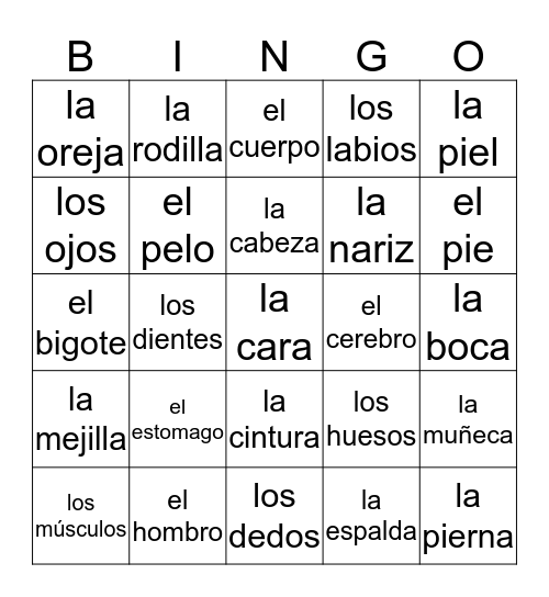 Partes del Cuerpo Bingo Card