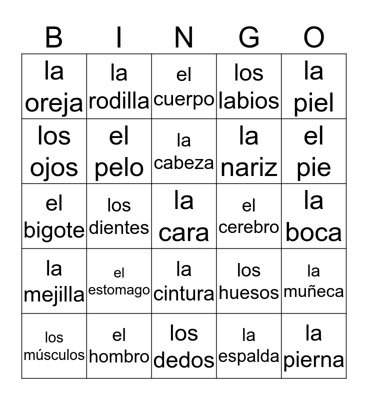 Partes del Cuerpo Bingo Card
