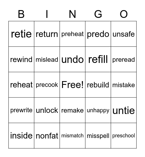 Prefixes Bingo Card