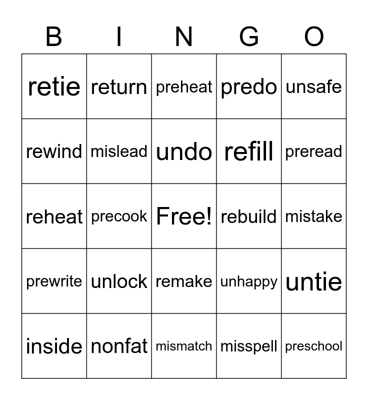 Prefixes Bingo Card