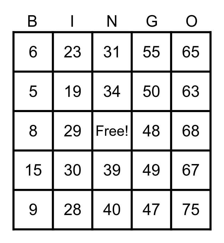 BRAILLE BINGO Card