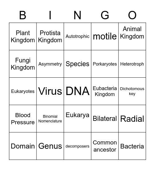 Classification Bingo Card