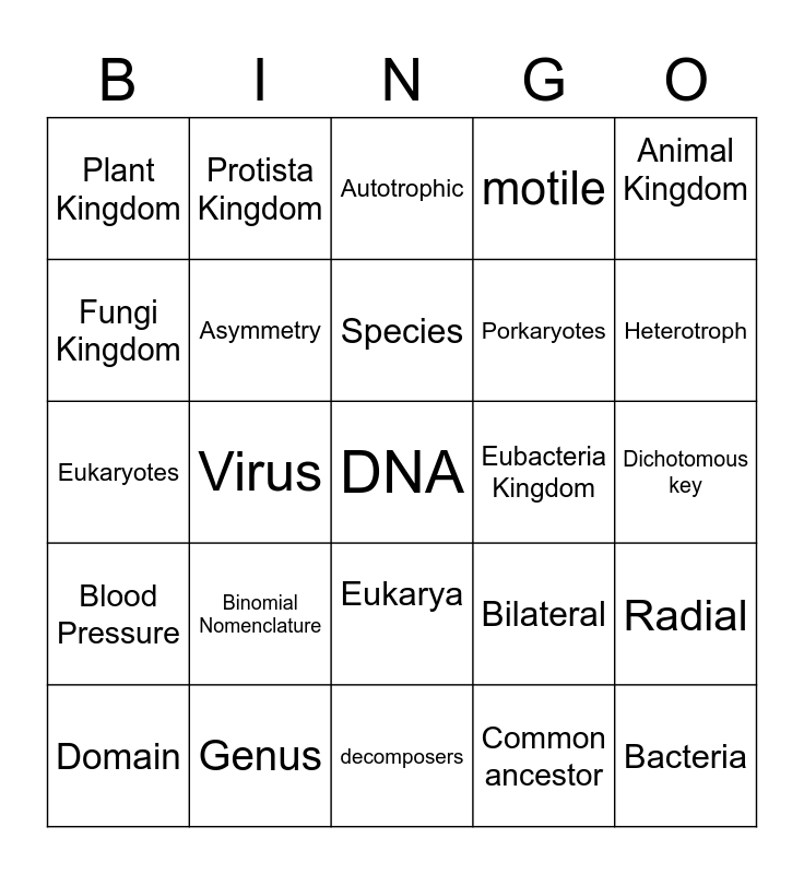 Classification Bingo Card
