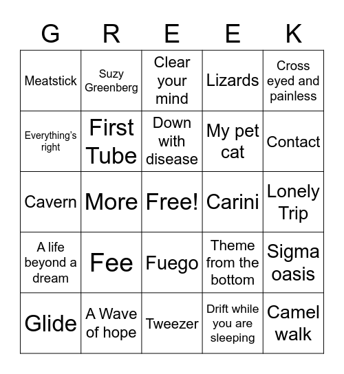 Casey’s Greek Bingo Card