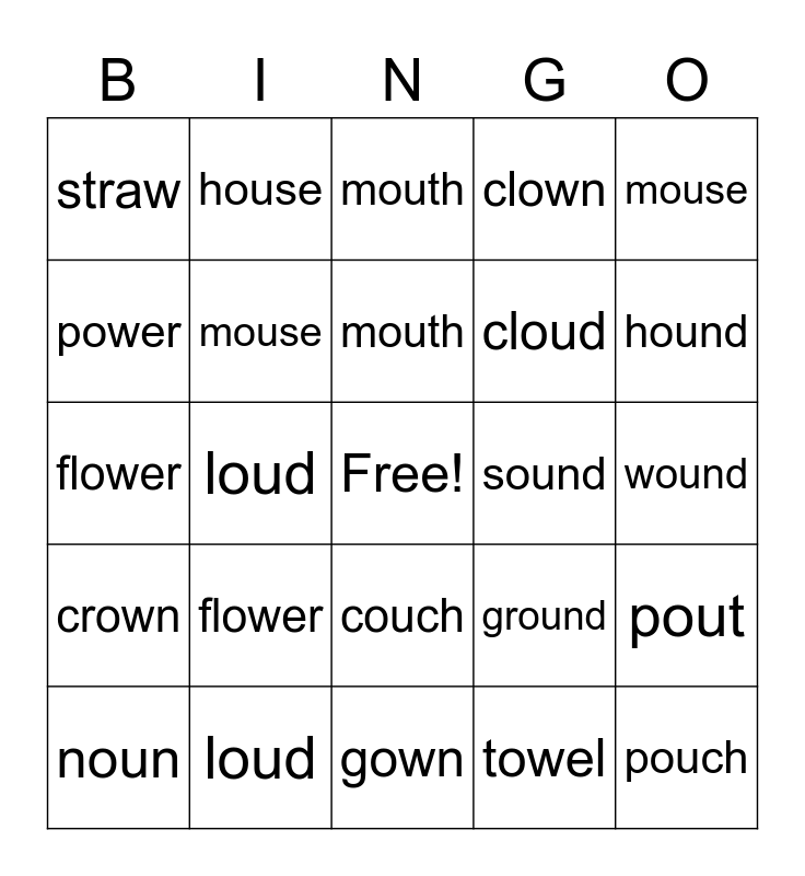Dipthongs ou/ow Bingo Card