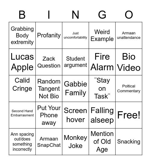 AP. Bio Bingo Card Bingo Card