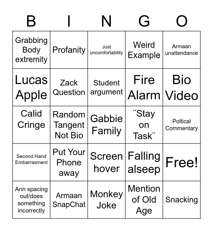 AP. Bio Bingo Card Bingo Card