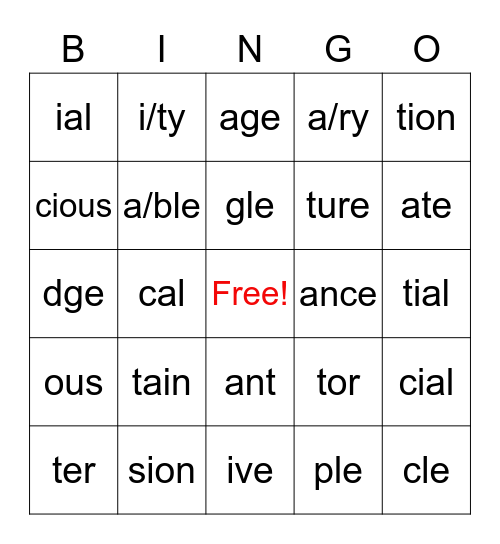 Final Syllables Bingo Card