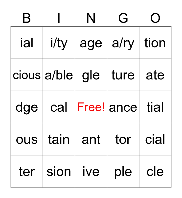 Final Syllables Bingo Card