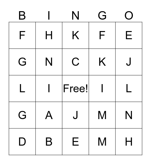 Alphabet Letters A - N Bingo Card
